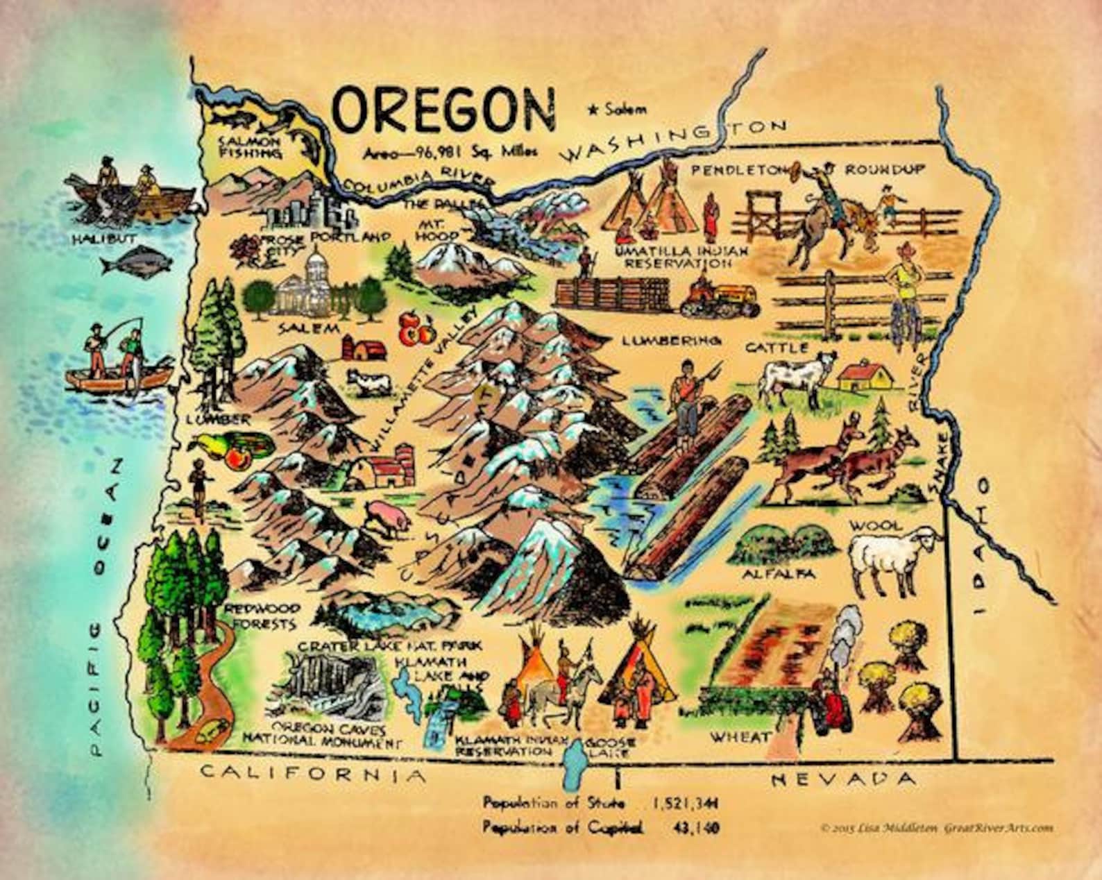 Kid's map of Oregon vintage historic antique map poster print Map of ...