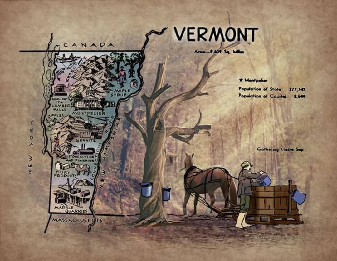 236 Illustrated Map of Vermont, C. 1950's. Vintage Historic Antique Map ...