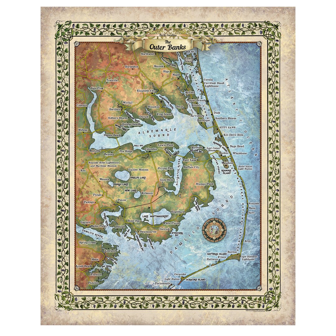 Outer Banks New Map Art Print Poster Souvenir Artwork Vintage Wall ...