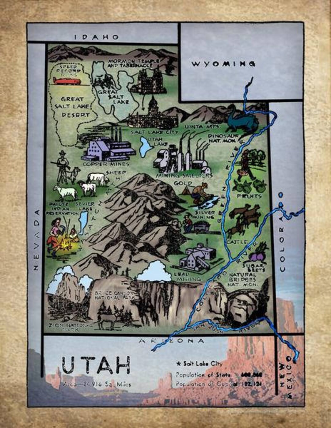 237 Illustrated Map of Utah, C. 1950's Vinatge Historic Antique Map ...