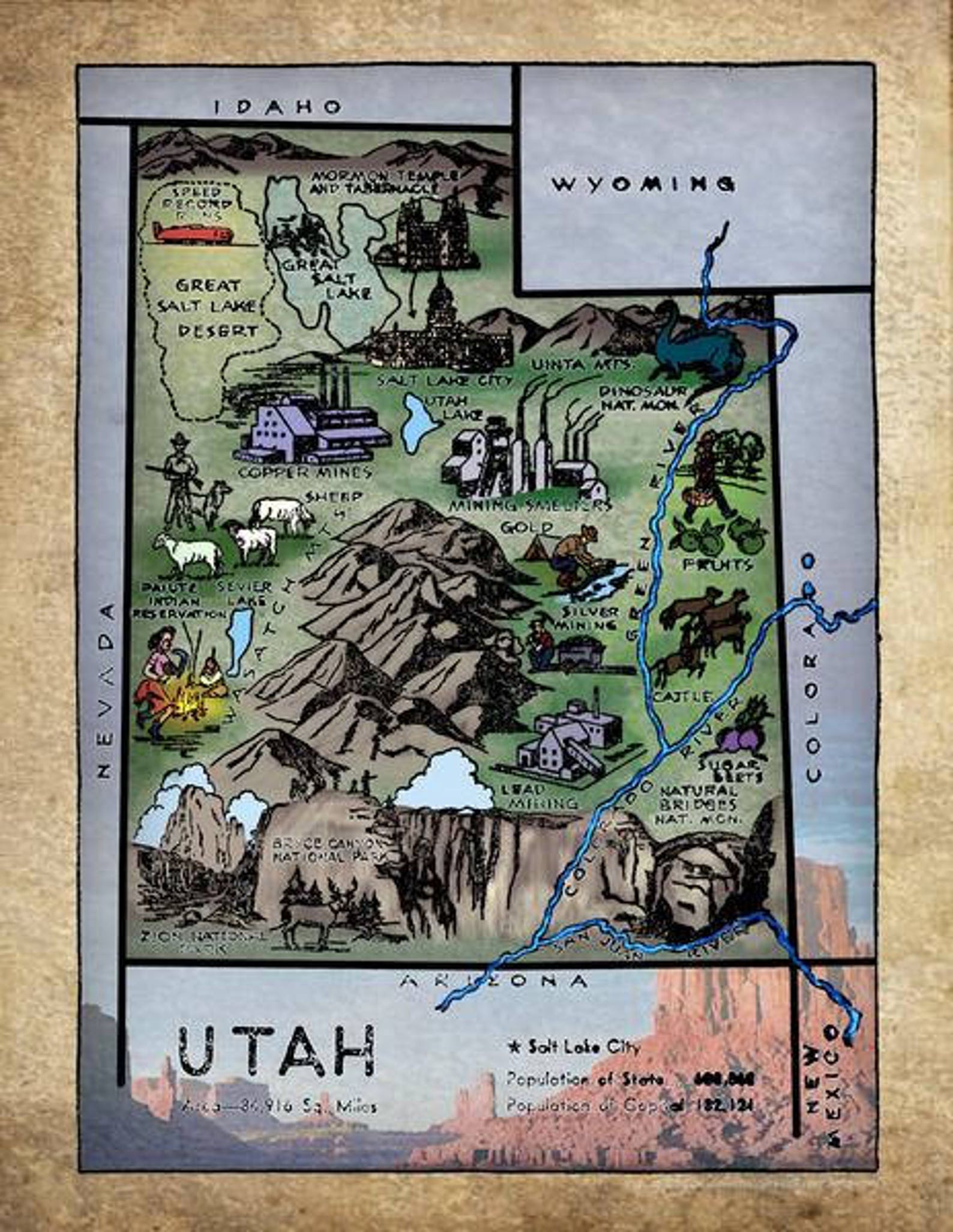 237 Illustrated Map of Utah, C. 1950's Vinatge Historic Antique Map ...
