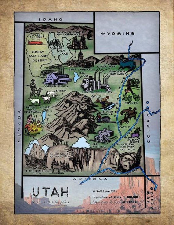 237 Illustrated Map of Utah C. 1950's Vinatge Historic | Etsy