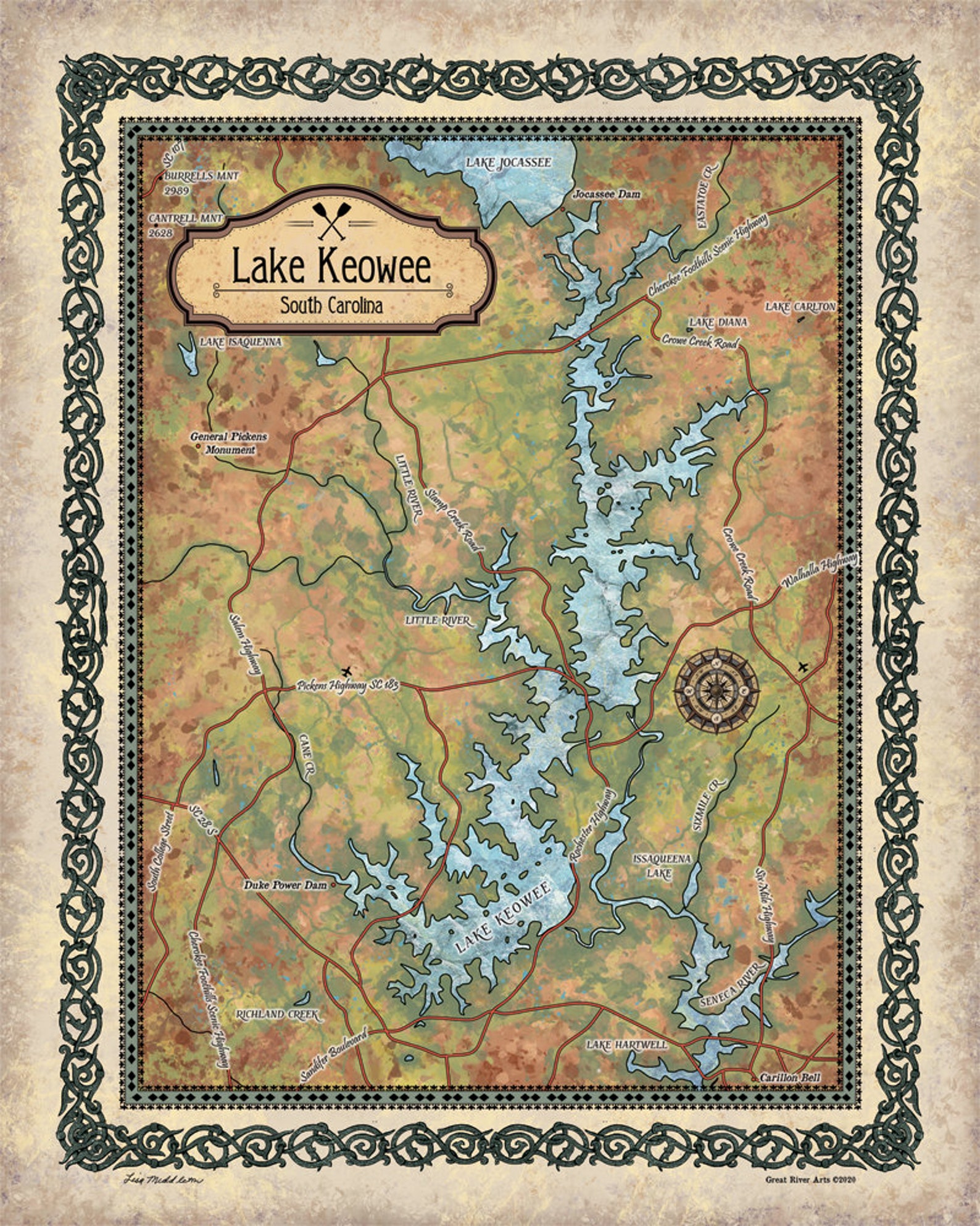 Lake Keowee, South Carolina, Vintage Map, Vintage Map Art, South ...