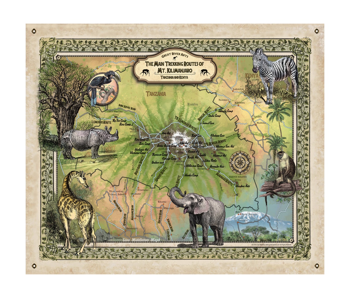 Mt Kilimanjaro Africa Hiking Map Vintage Stye Map Art on Wood | Etsy