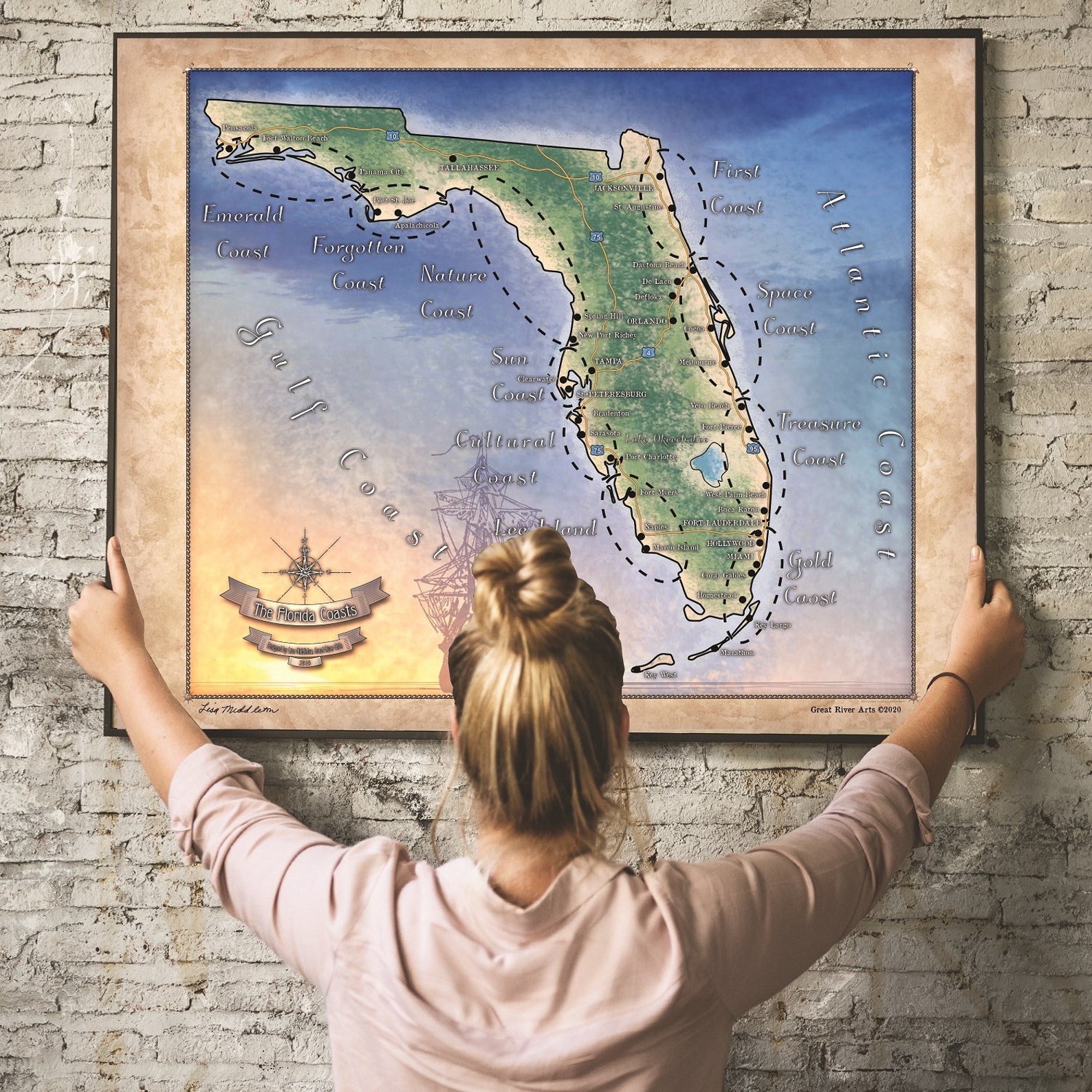 The Florida Coasts Florida Map Map Art on Wood or Metal for Lake House ...