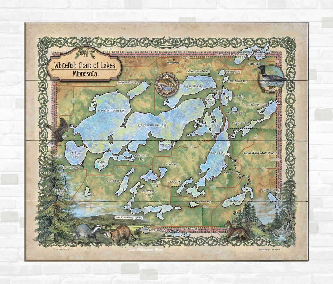 Minnesota Whitefish Chain of Lakes Lake Map Art Map Art on Wood or ...