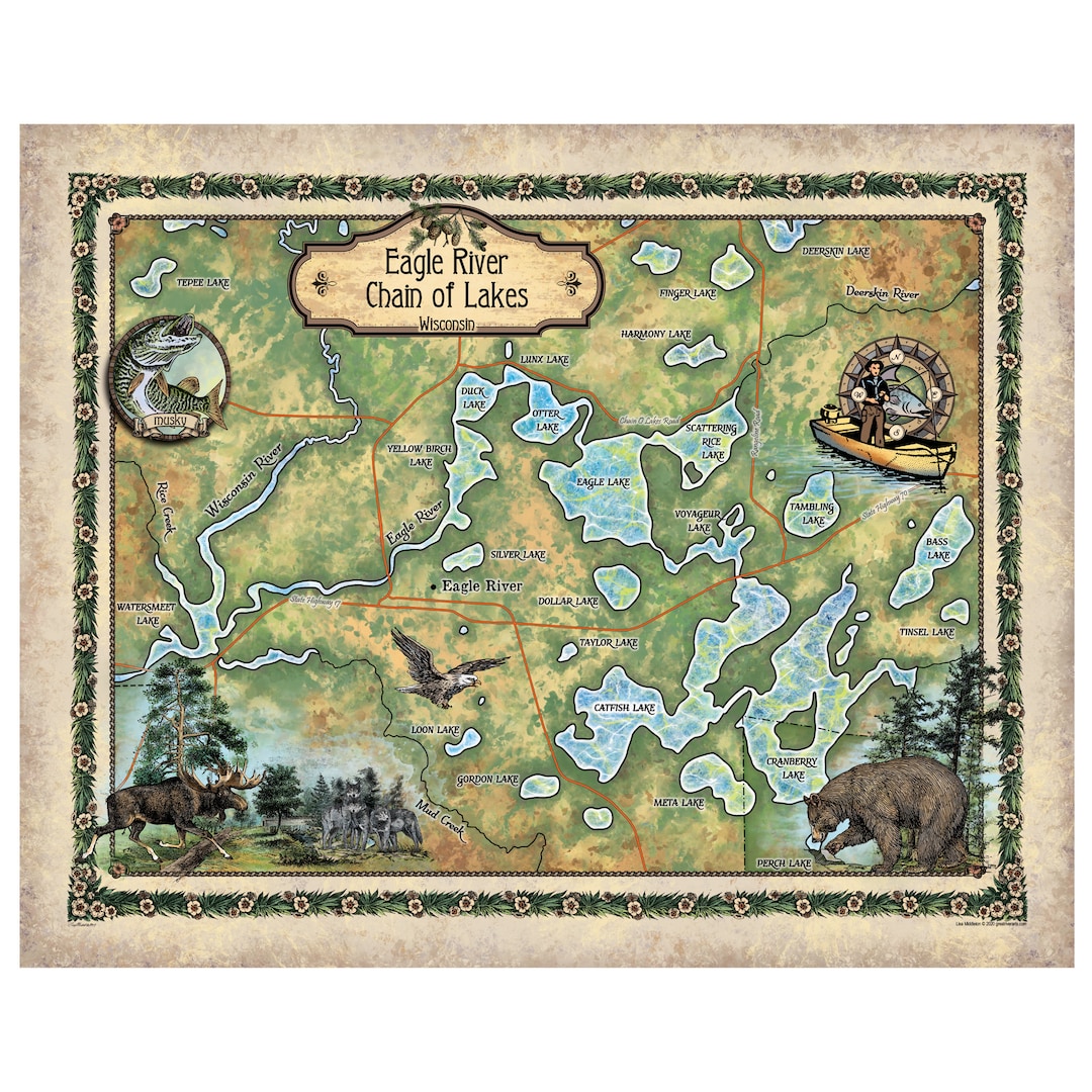 Eagle River Chain of Lake Wisconsin Historic Map Art Print Poster ...