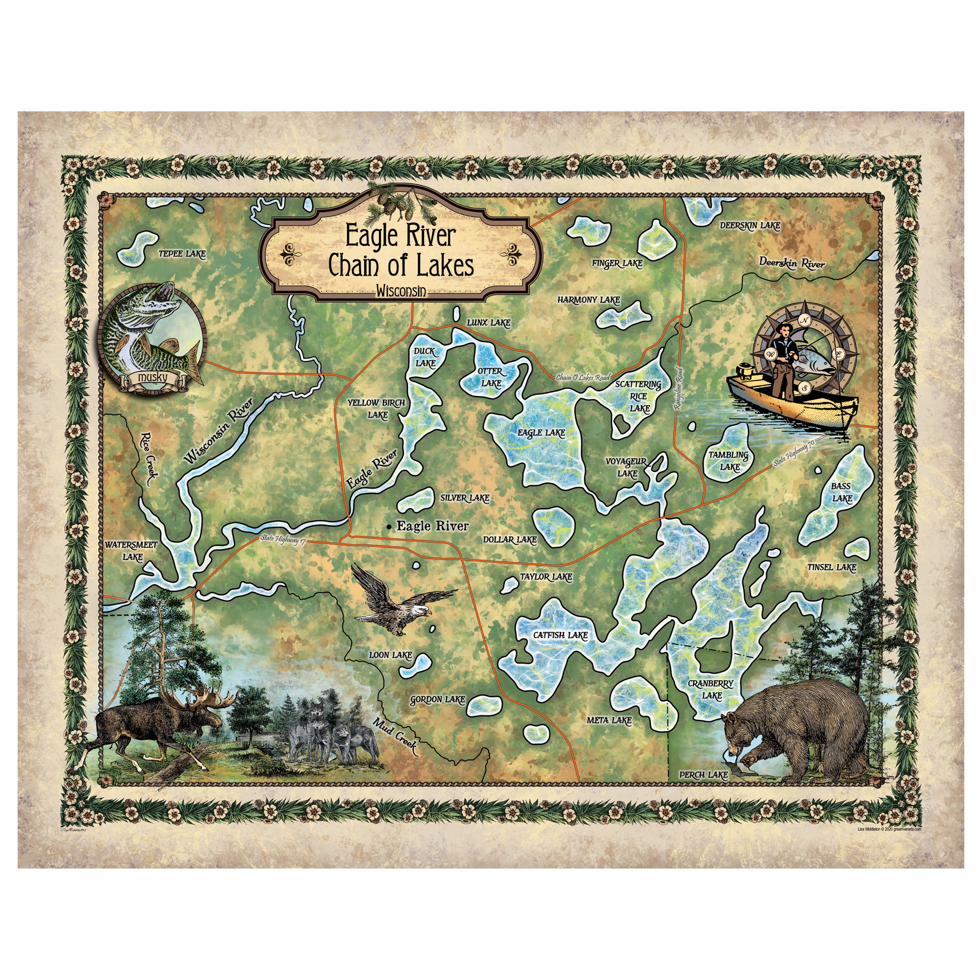 Eagle River Chain of Lake Wisconsin Historic Map Art Print Poster ...