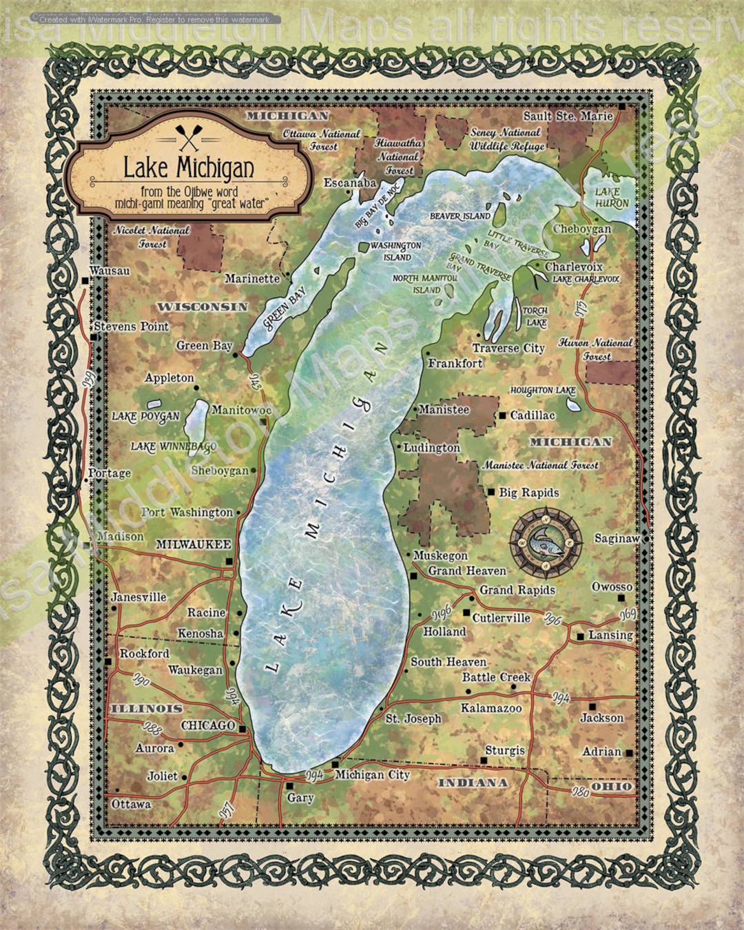 Lake Michigan, Lake Michigan Map, Lake Art, Lake House, Lake Michigan ...