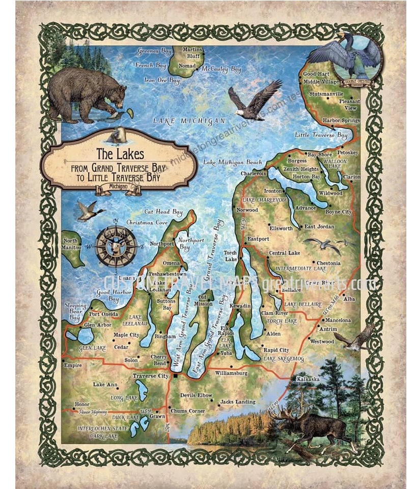 Traverse City Map, Lake Michigan Art, Michigan Gift, Great Lakes Art ...