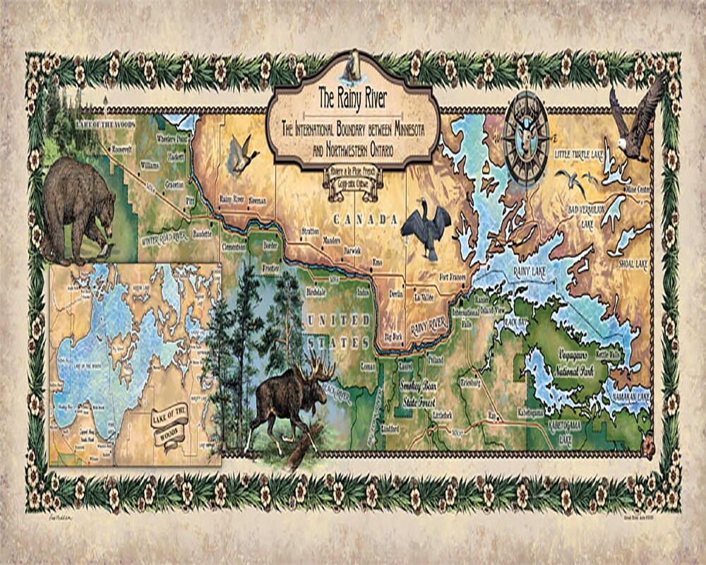 Rainy River Long Historic Map Reproduction Artwork Wall Art Print ...