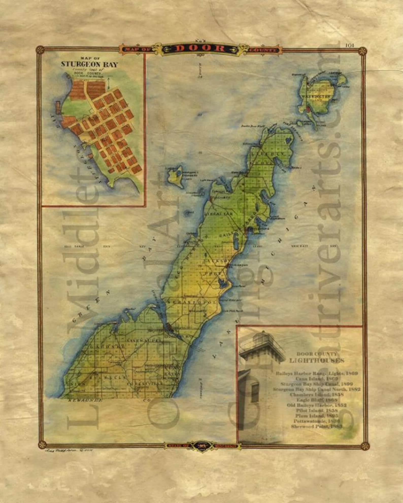 Door County, Door County Map, Door County Art, Lighthouse Art, Great ...