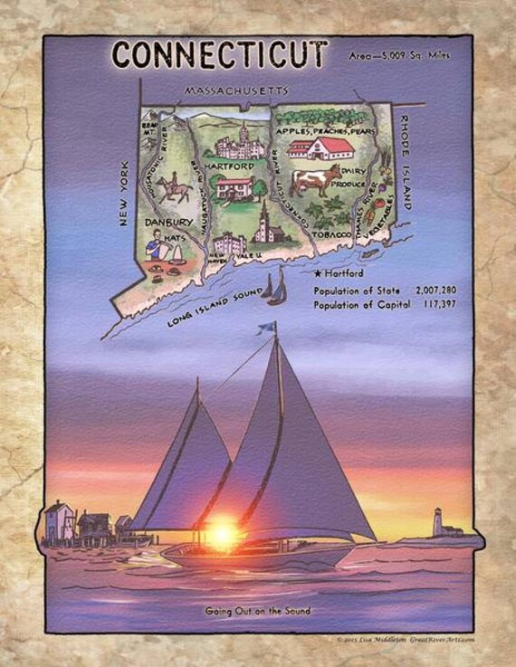 234 Illustrated Map of Connecticut C. 1950s Vintage Historic | Etsy