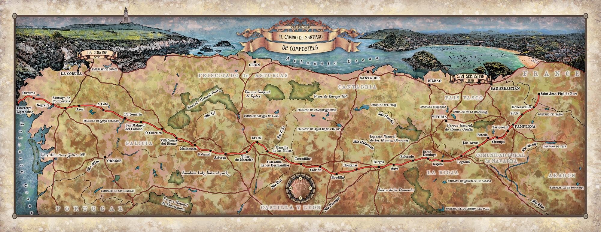 El Camino De Santiago De Compostela Vintage Map Art Poster Print ...