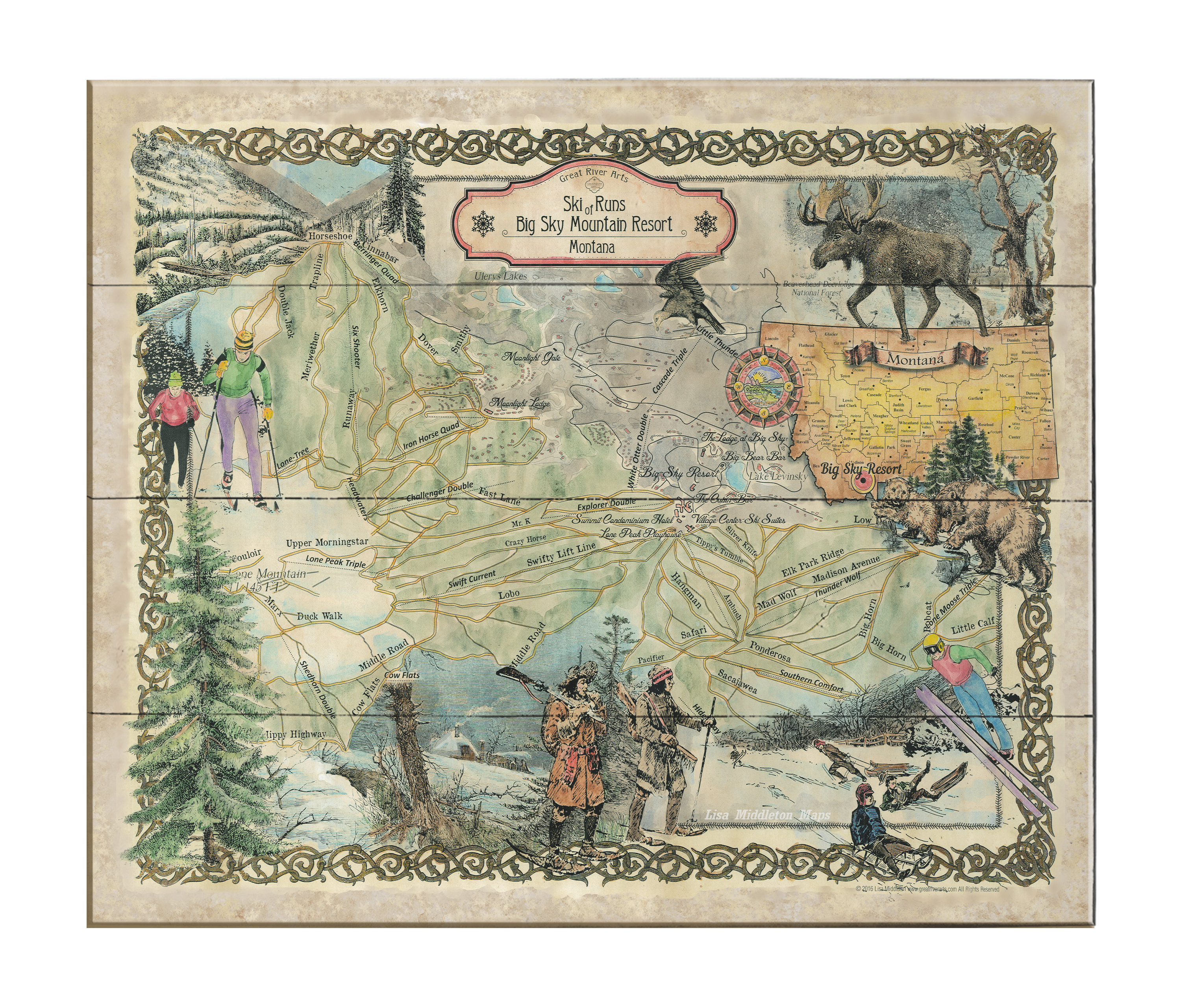 Montana Big Sky Ski Runs Vintage Stye Map Art on Wood or Metal for Lake ...