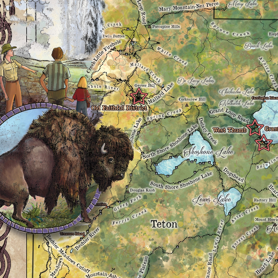 Yellowstone Yellowstone Map Yellowstone Art National Park - Etsy