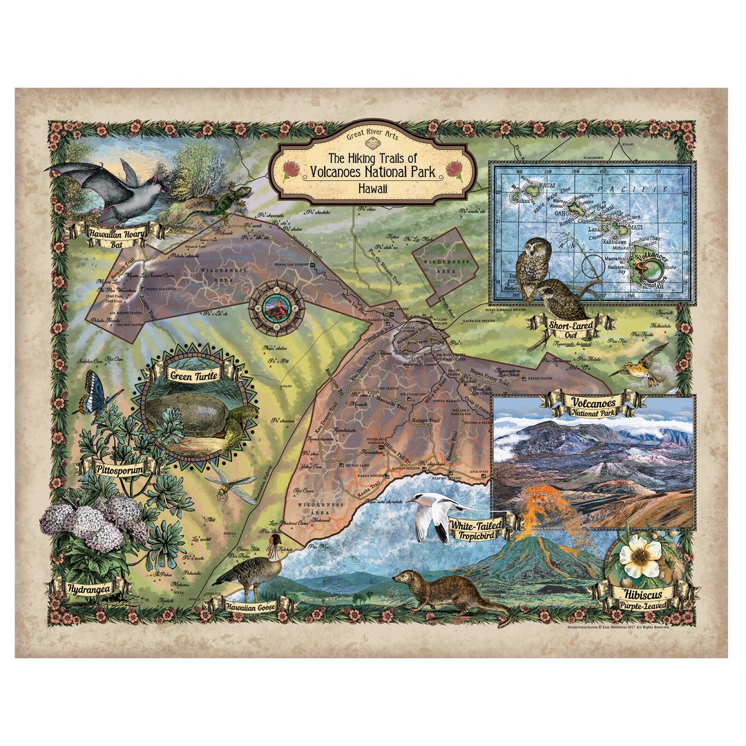 Hawaii Map, Hawaiian Map, Hawaiian Islands, Volcanoes, Island Decor ...