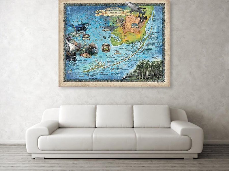 Florida Keys Scuba Diving Map, Key West Map, Coastal Vintage, Diver ...