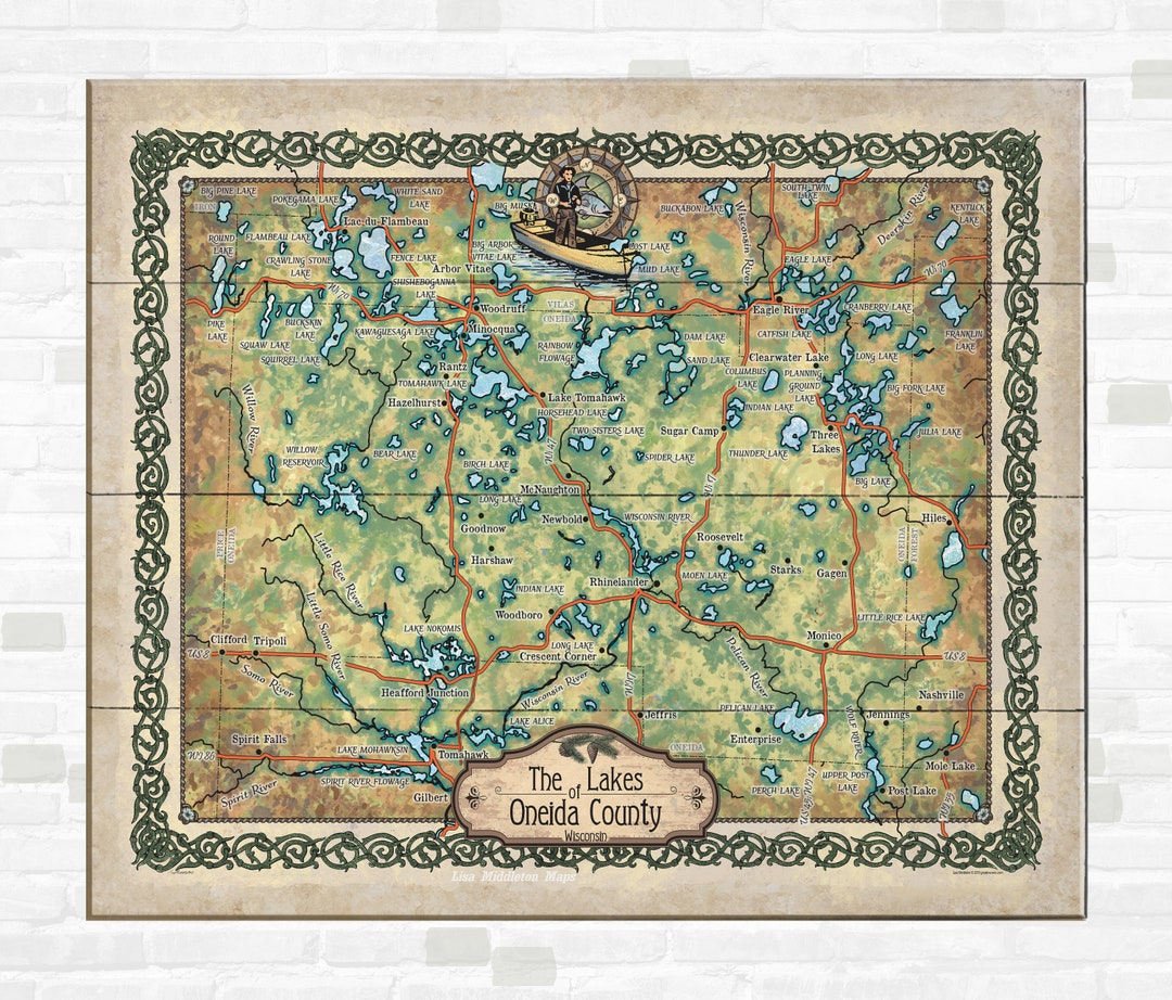 Lakes of Oneida County Wisconsin Lake Map Art Map Art on Wood or Metal ...
