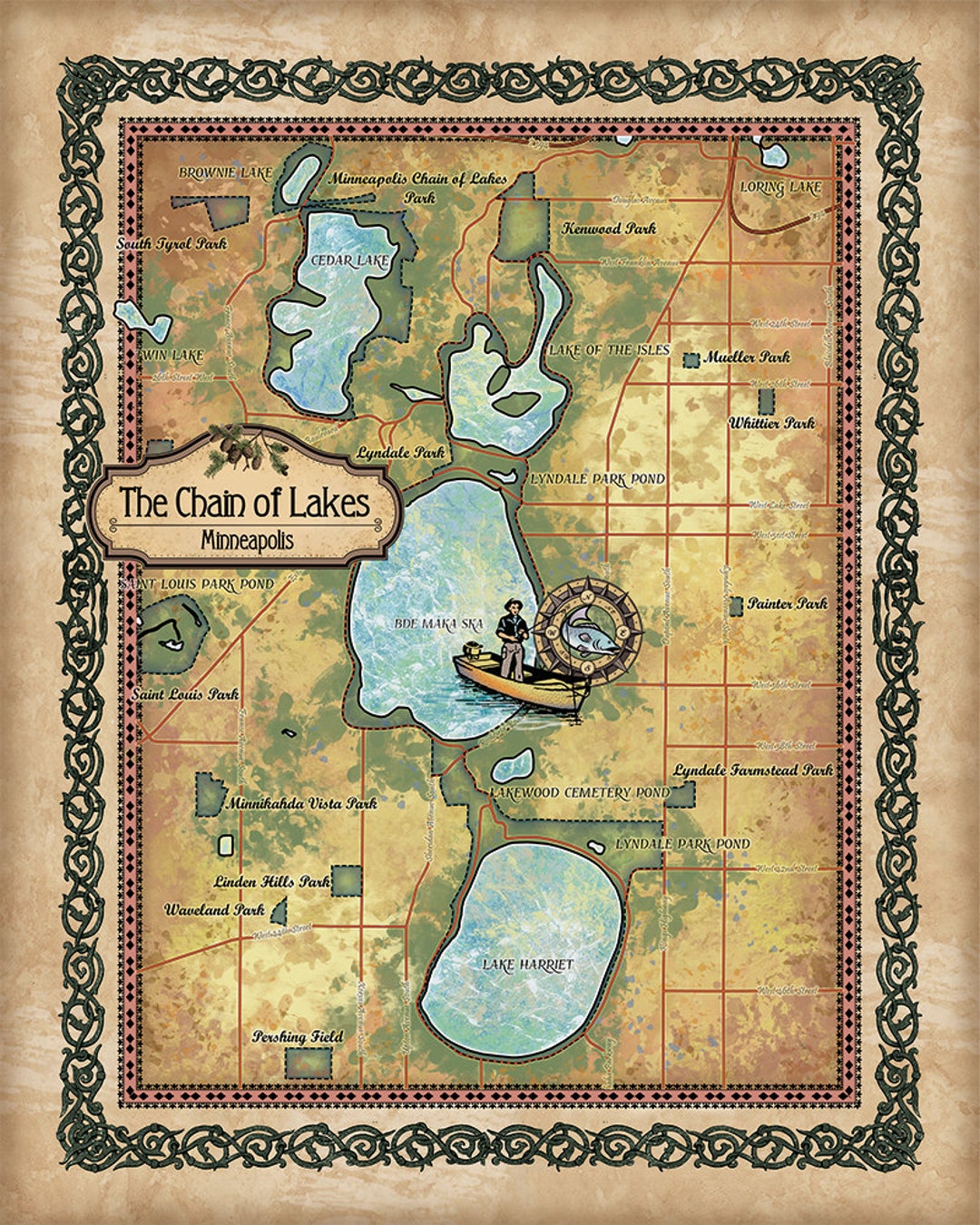 Great River Arts the Chain of Lakes Minneapolis Minnesota Map Art ...
