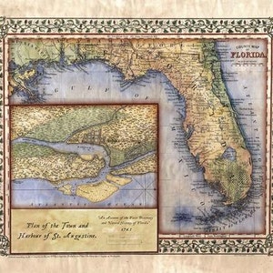 011 Adapted Florida 1847 Featuring St. Augustine 1778 Vintage Map ...