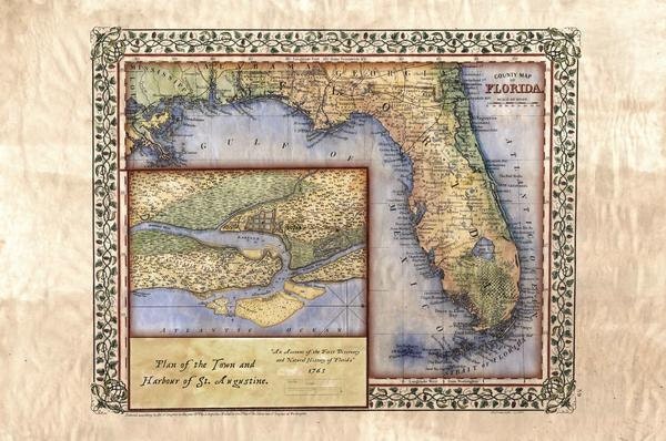 011 Adapted Florida 1847 Featuring St. Augustine 1778 Vintage Map ...