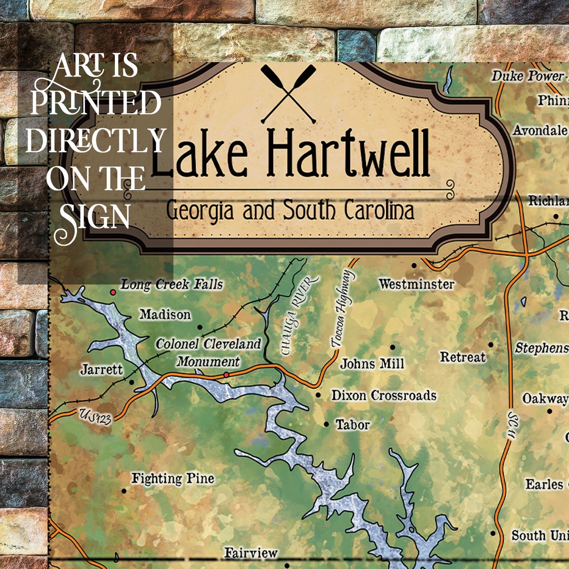 Lake Hartwell Georgia Lake map art map art on Wood or Metal | Etsy