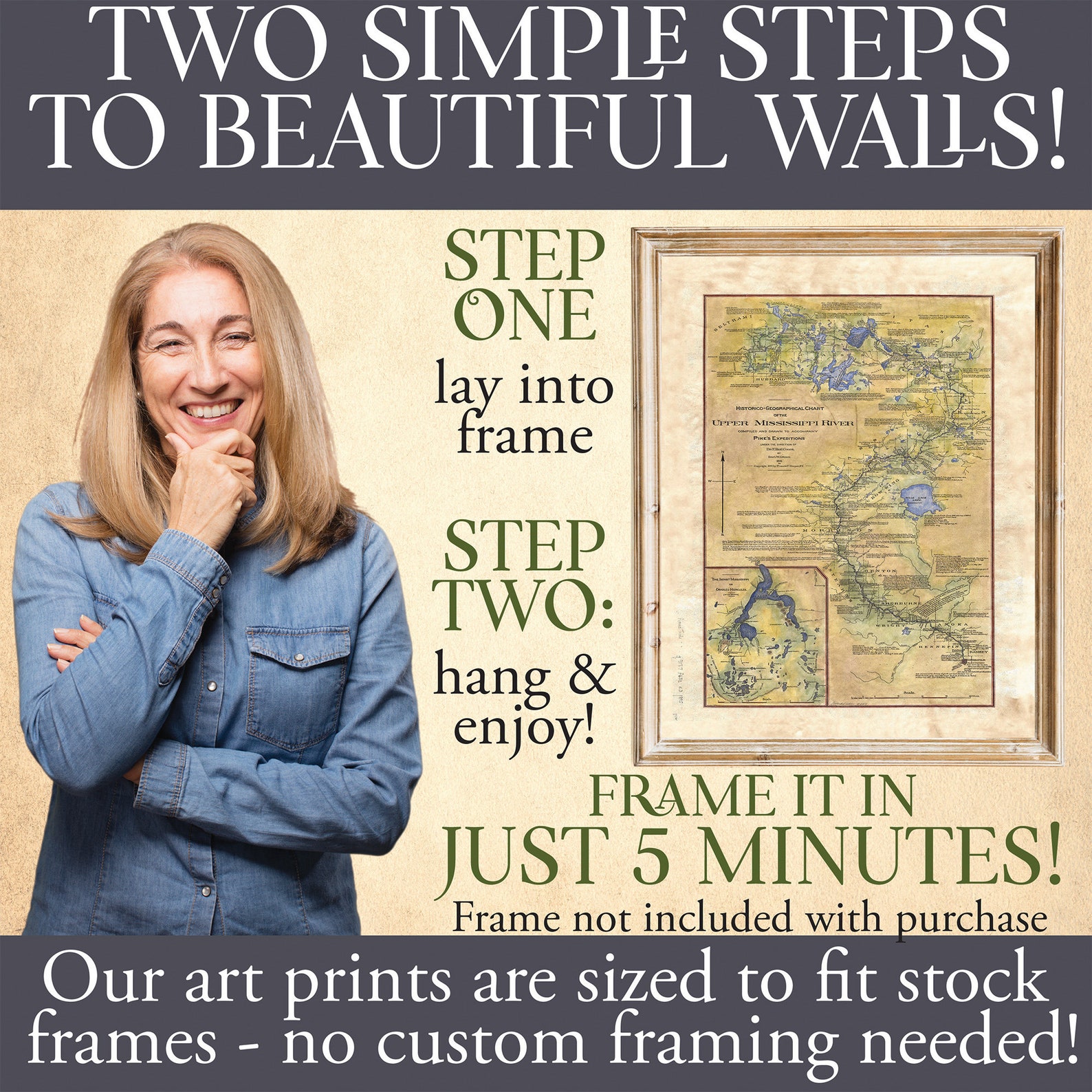 Upper Mississippi River Map Art Print Poster Souvenir Artwork Vintage ...