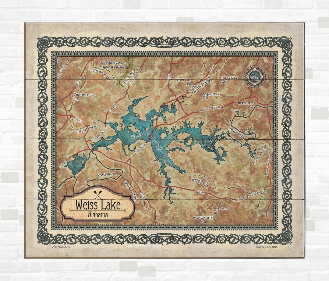 Lake Weiss Alabama Lake Map Art Map Art on Wood or Metal for Lake House ...