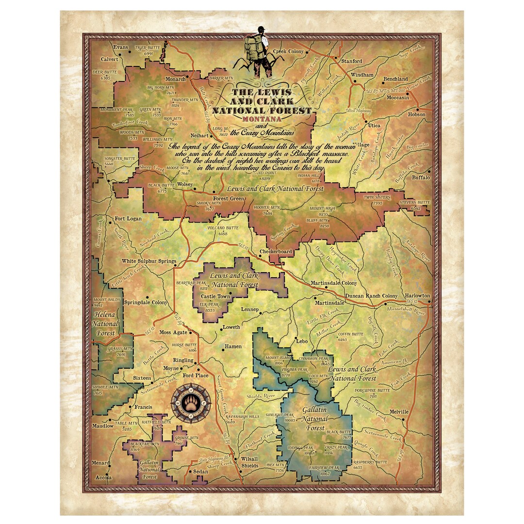 Lewis and Clark Crazy Mountains Montana Historic Map Art Print Poster ...