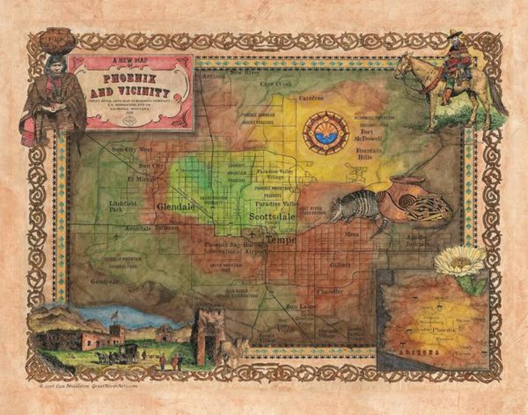 162 Custom Map of Phoenix Arizona Vintage Historic Antique Map Poster ...