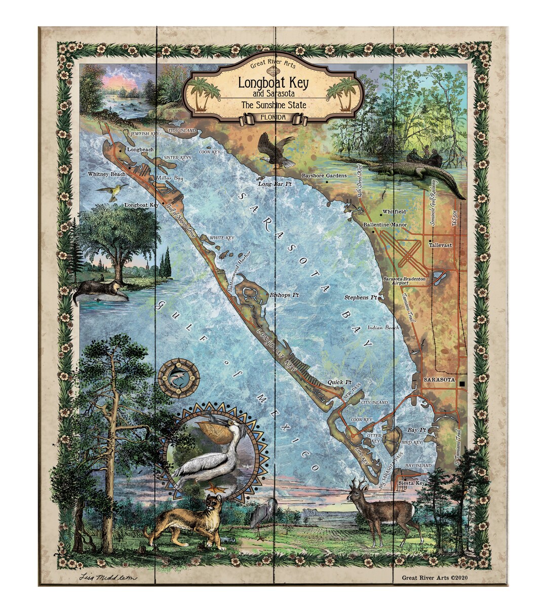 Sarasota Longboat Key Florida Florida Map Map Art on Wood or Metal for ...