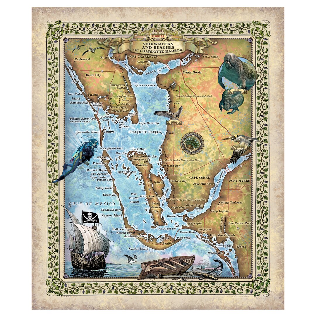Charlotte Harbor Florida Historic Map Art Print Poster Artwork Vintage ...