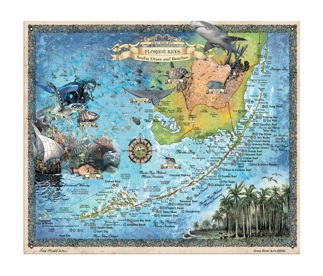 Scuba Dive and Snorkel Florida Keys Florida Keys Map Map Art on Wood or ...