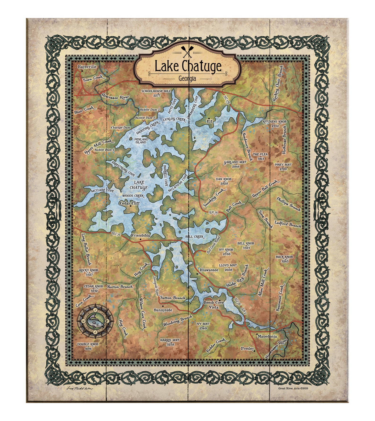 Lake Chatuge Georgia Lake Map Art Map Art on Wood or Metal for Lake ...