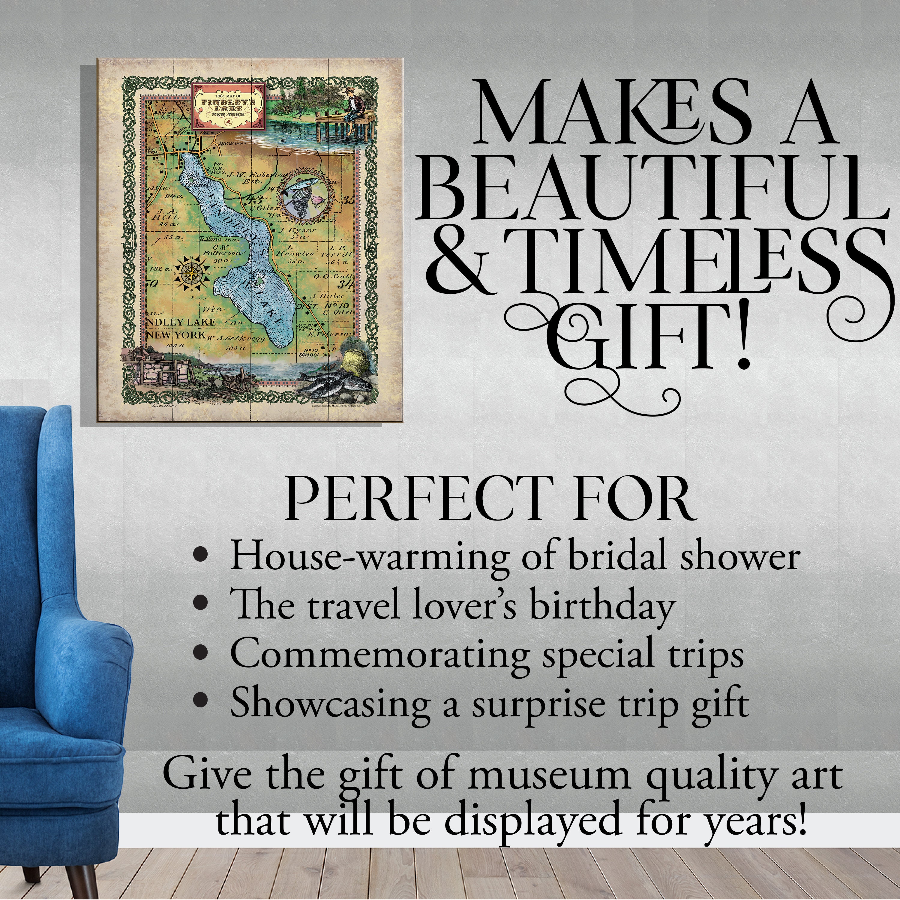 Findley Lake New York Lake Map Art Map Art on Wood or Metal for Lake ...