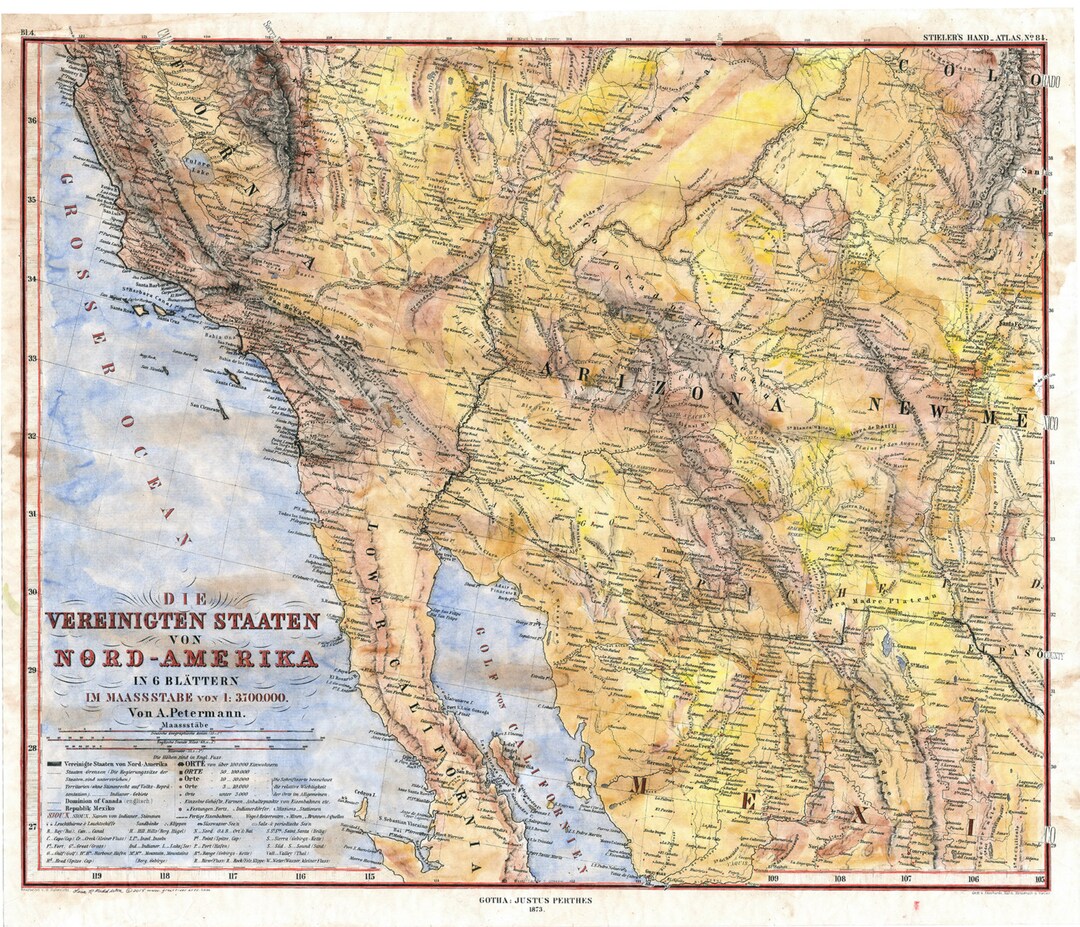 48 Gotha Southwest 1881 Arizona 40x60 Vintage Historic Antique Map ...