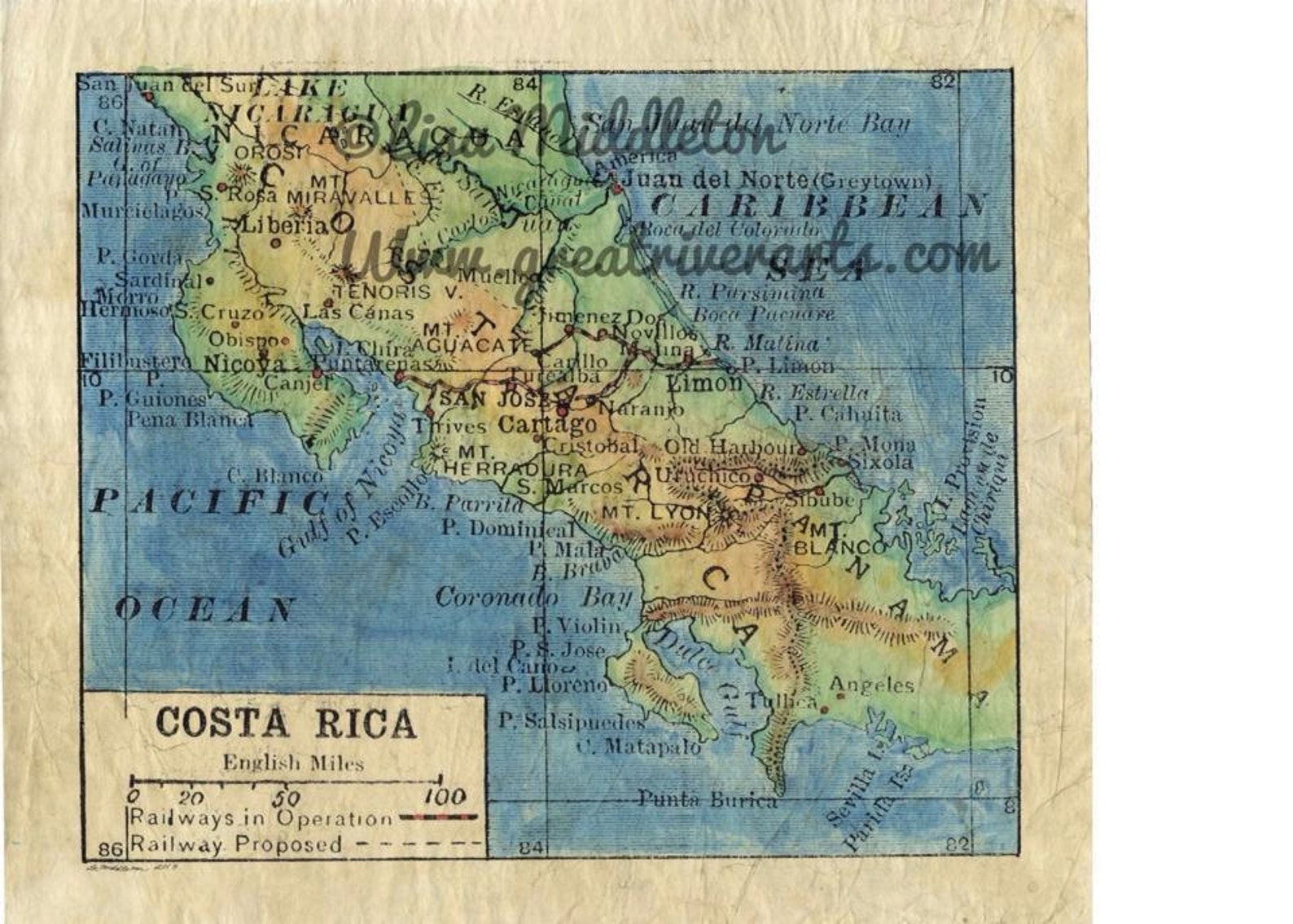 Costa Rica Vintage Historic Antique Map Poster Print, Jungle Art, Costa ...