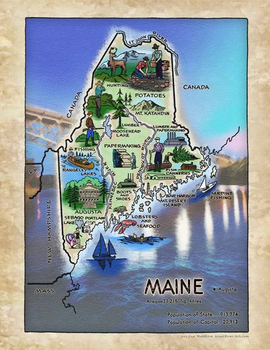 233 Illustrated Map of Maine, C. 1950's Vintage Historic Antique Map ...