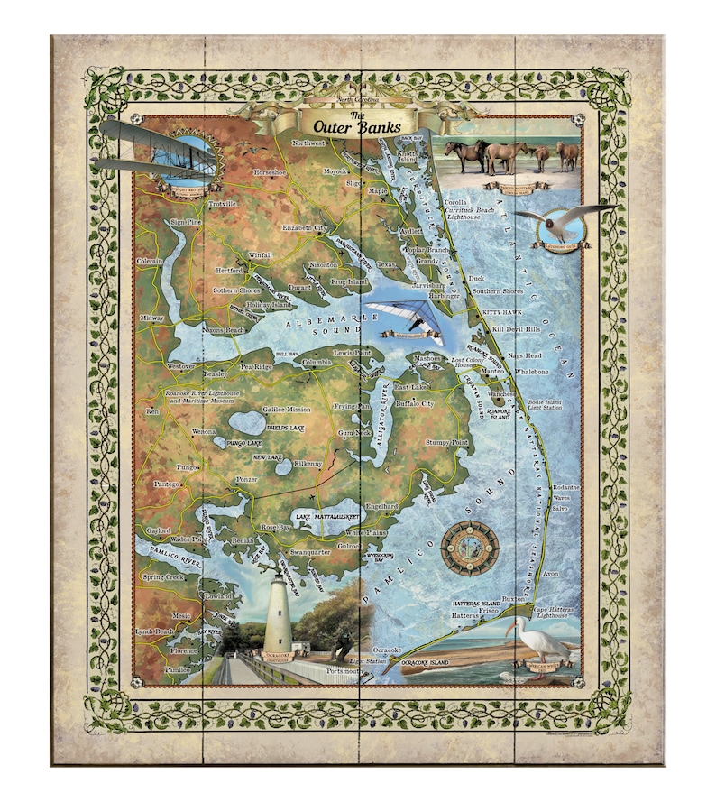 Outer Banks North Carolina Vintage Stye Map Art on Wood or - Etsy