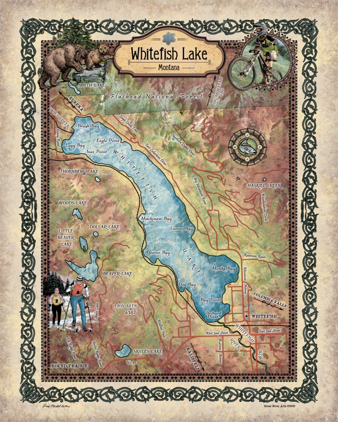 135 A New Map of Whitefish Lake and Surroundings Montana Vintage Map ...