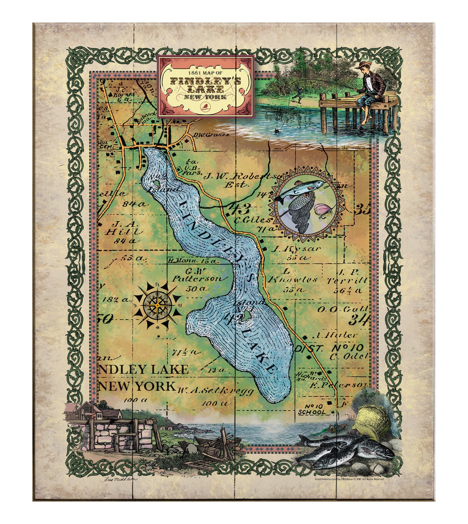 Findley Lake New York Lake Map Art Map Art on Wood or Metal for Lake ...