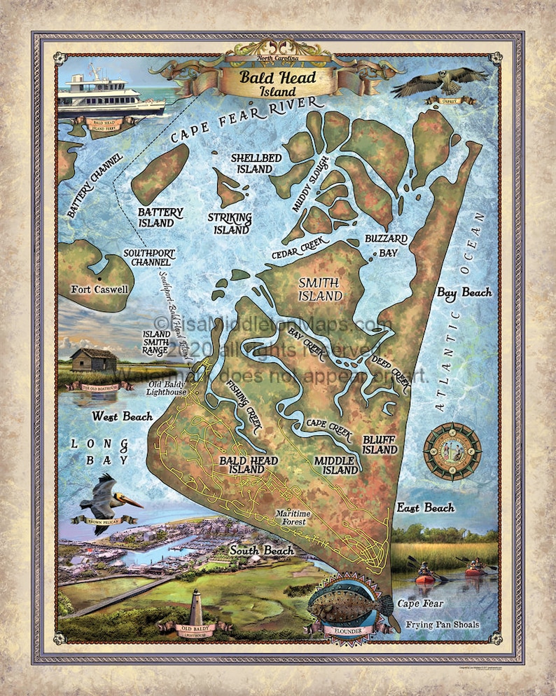 Bald Head Island Bald Head Island Art Map Art Coastal Art - Etsy