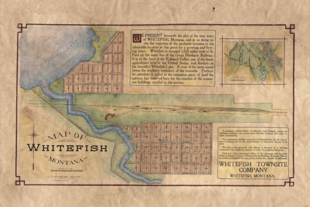 136 Montana Whitefish Townsite 1907 Vintage Map,vintage Map Art,montana ...