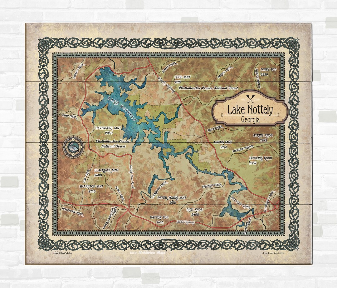 Lake Nottely Georgia Lake Map Art Map Art on Wood or Metal for Lake ...