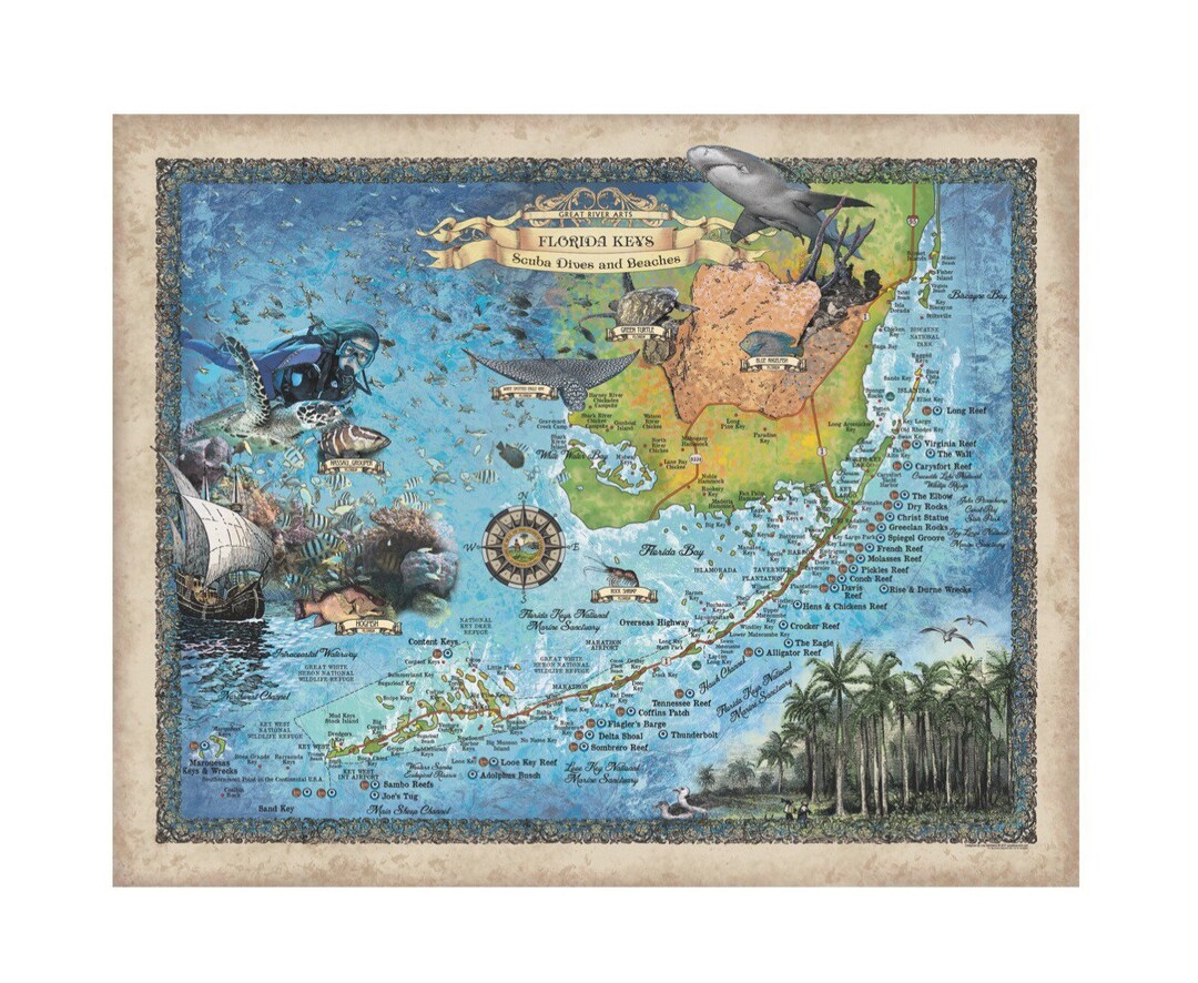 Florida Keys Scuba Diving Map, Key West Map, Coastal Vintage, Diver ...