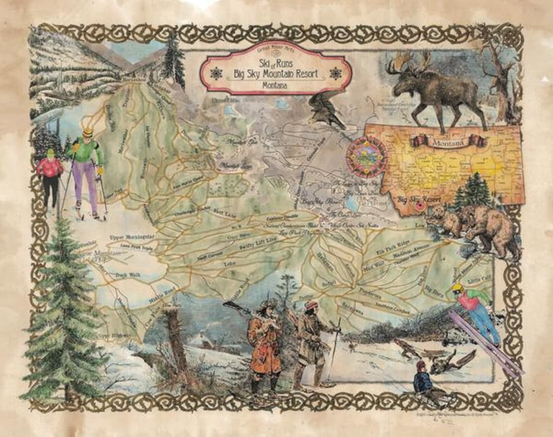 Big Sky Mountain montana ski map montana map Resort maps | Etsy