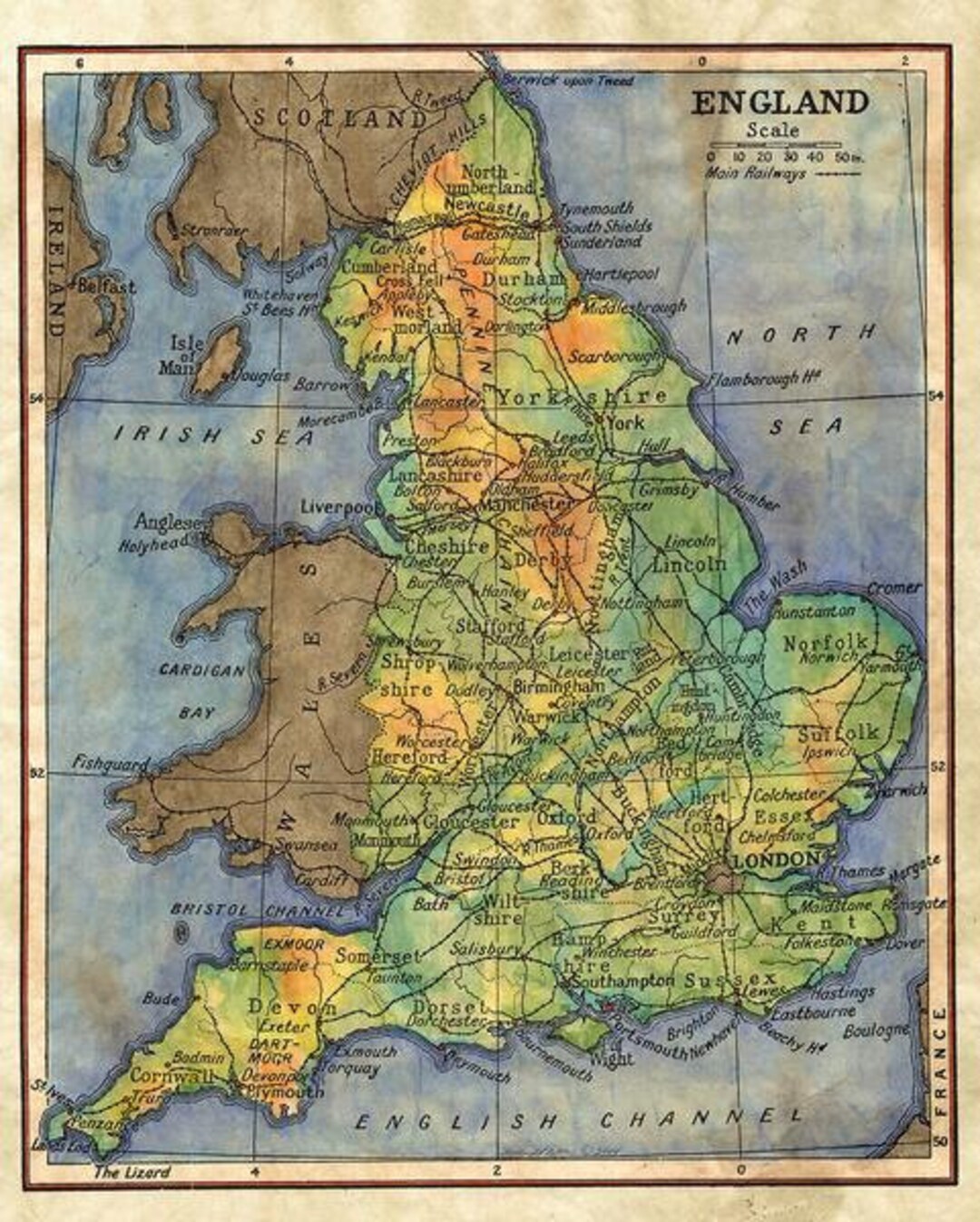 38 England 1906 Vintage,hand Painted Maps,historic Maps,english Channel ...