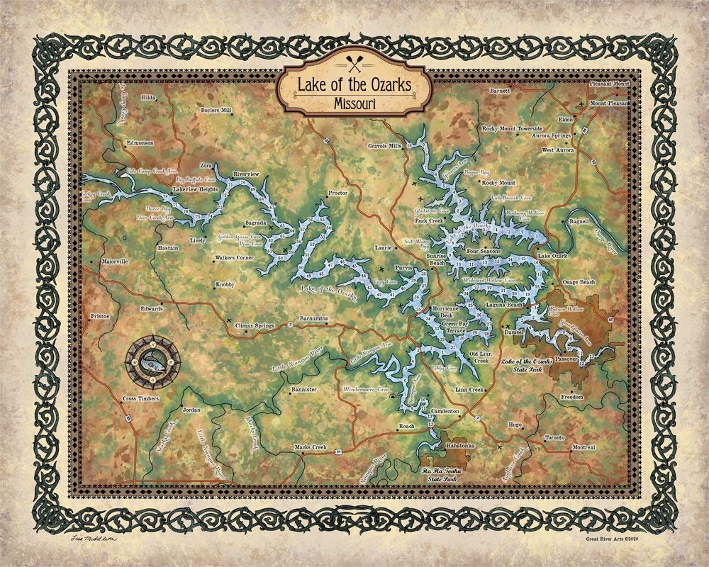 Ozark Map, Lake of the Ozarks Map, Lake Art, Missouri Map, Lake Gift ...