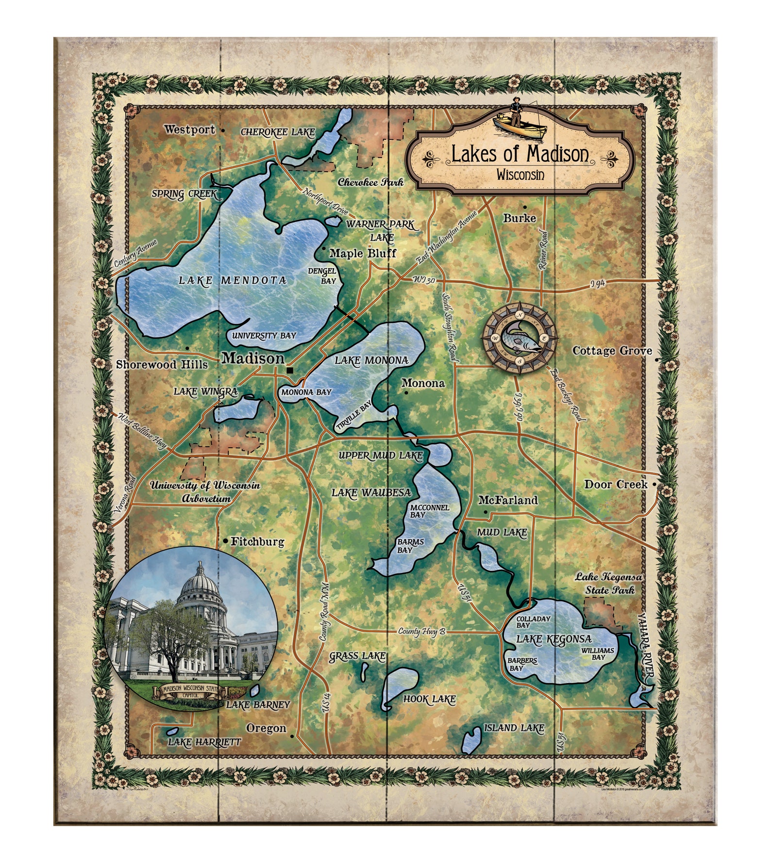 Lakes of Madison Wisconsin Lake Map Art Map Art on Wood or Metal for ...